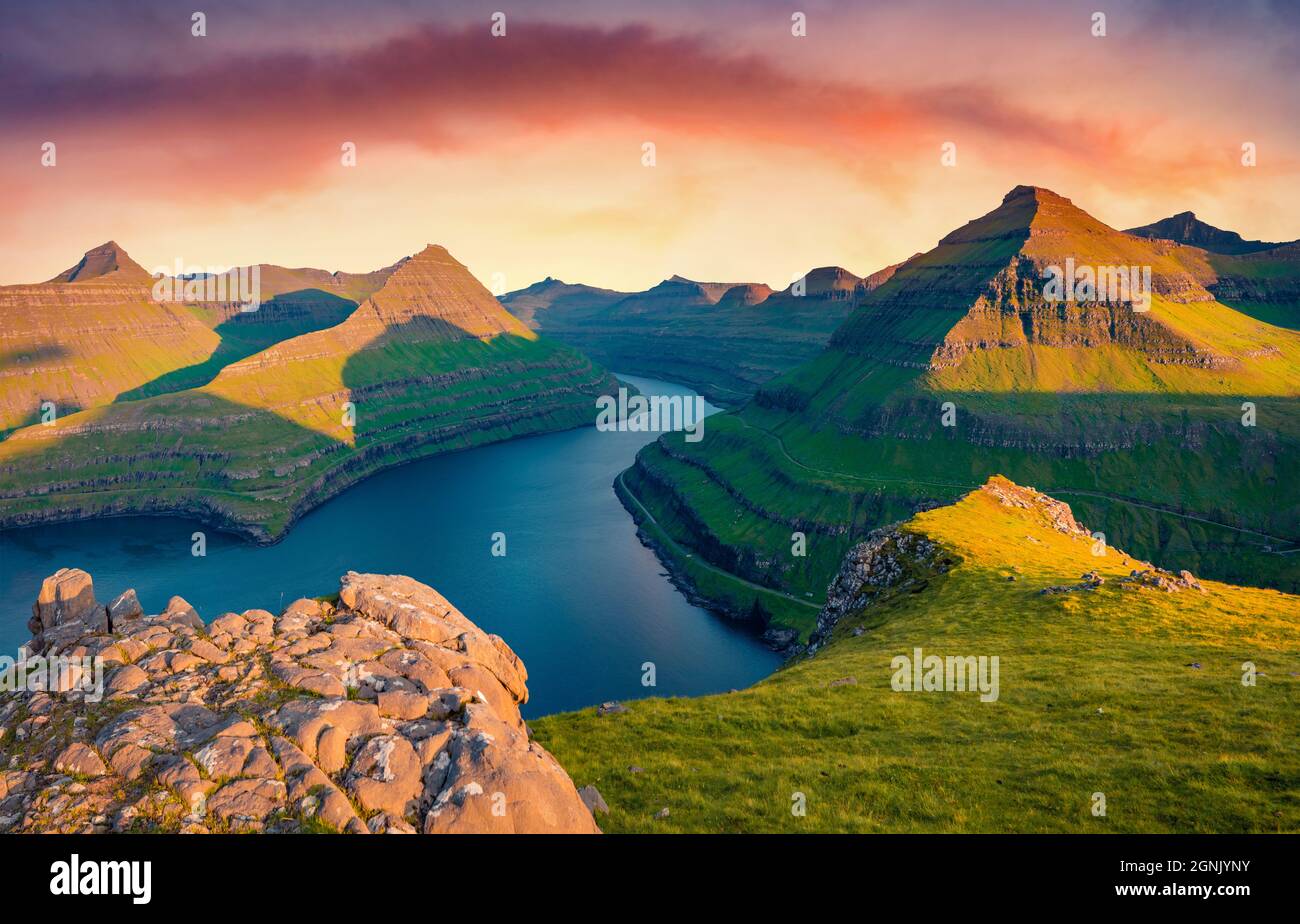Aerial landscape photography. Impressive morning view of Faroese fjords ...