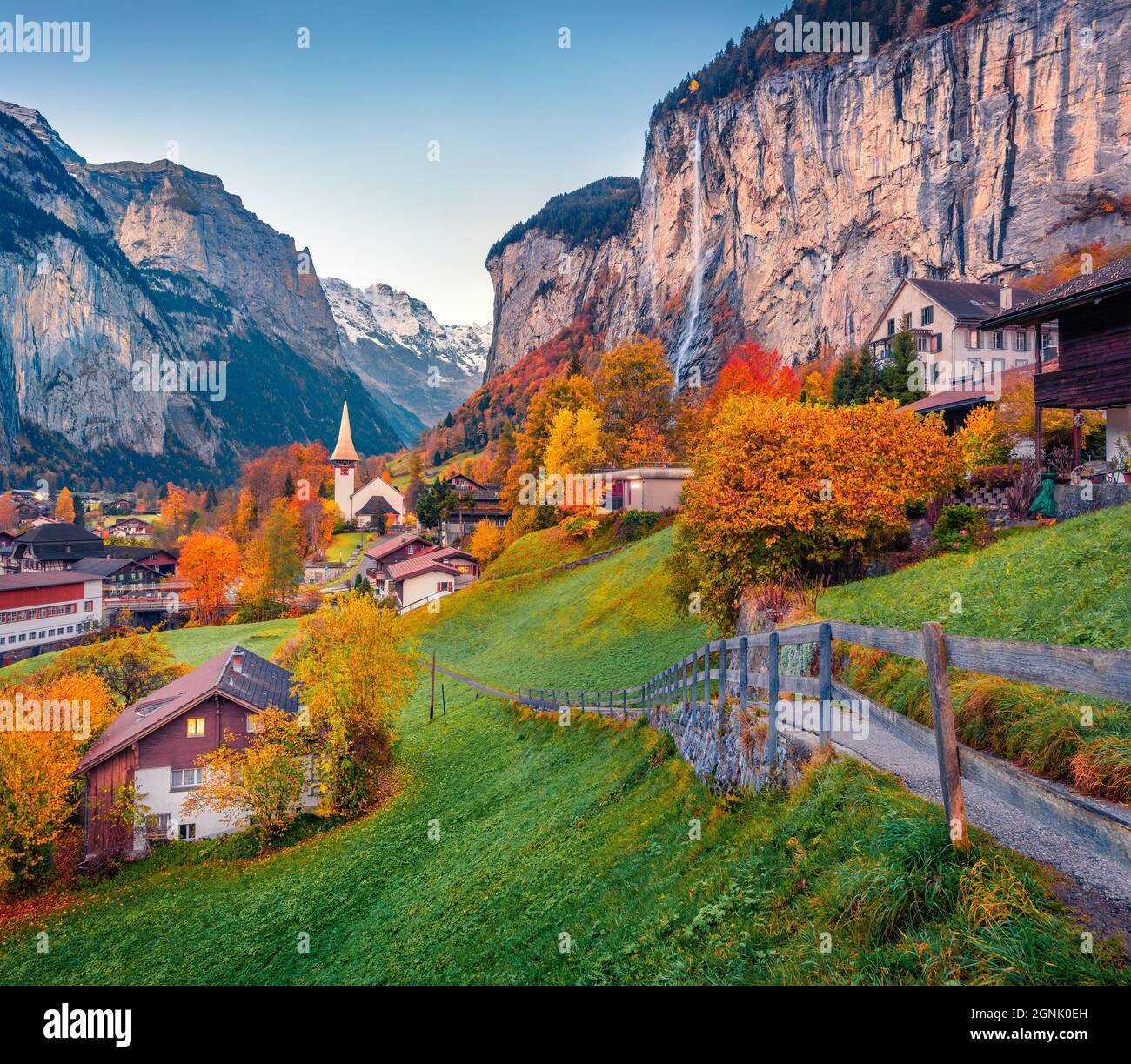 Landscape photography. Calm autumn scene of Lauterbrunnen village ...
