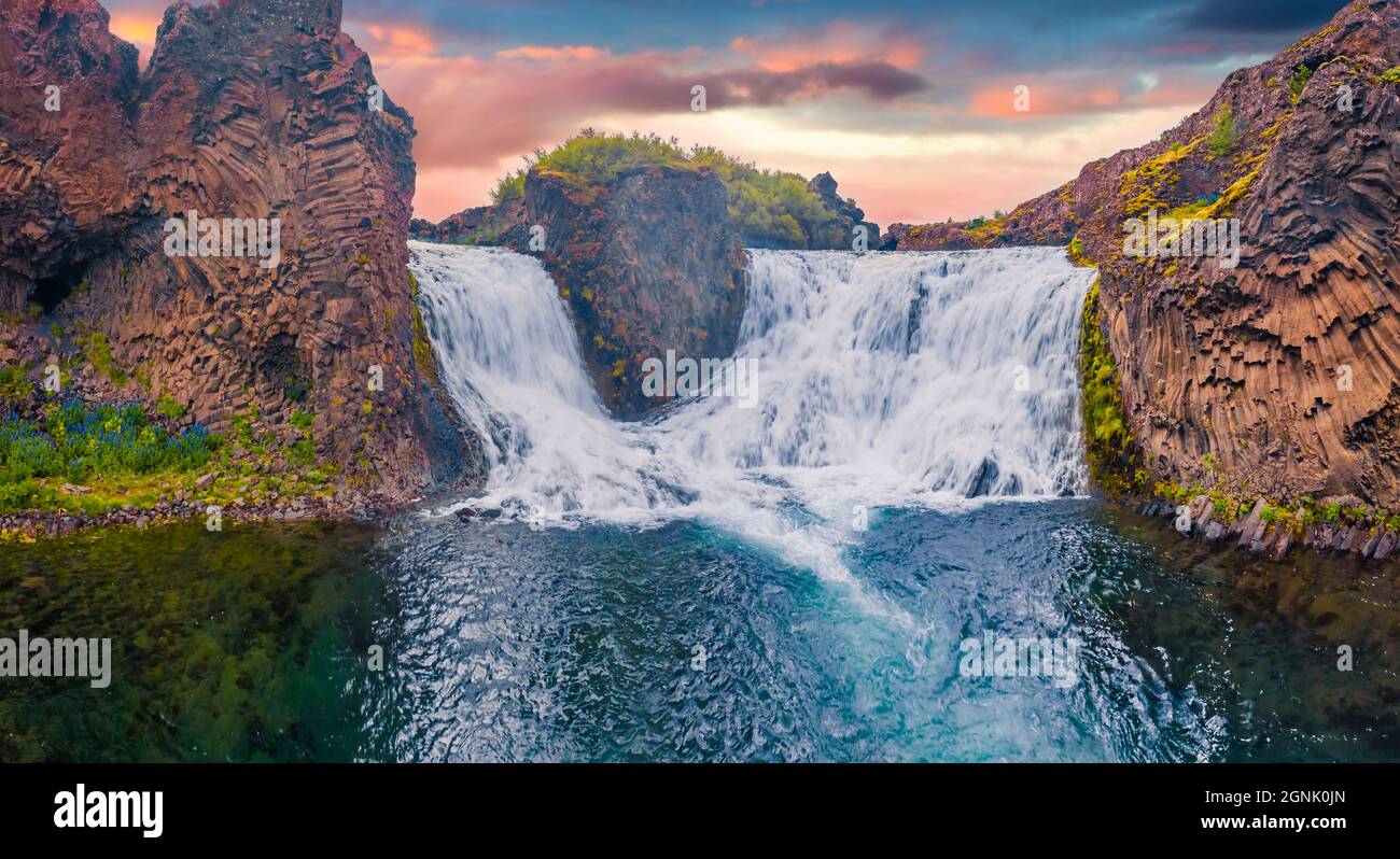 Beautiful summer scenery. Splendid outdoor scene of Hjalparfoss ...