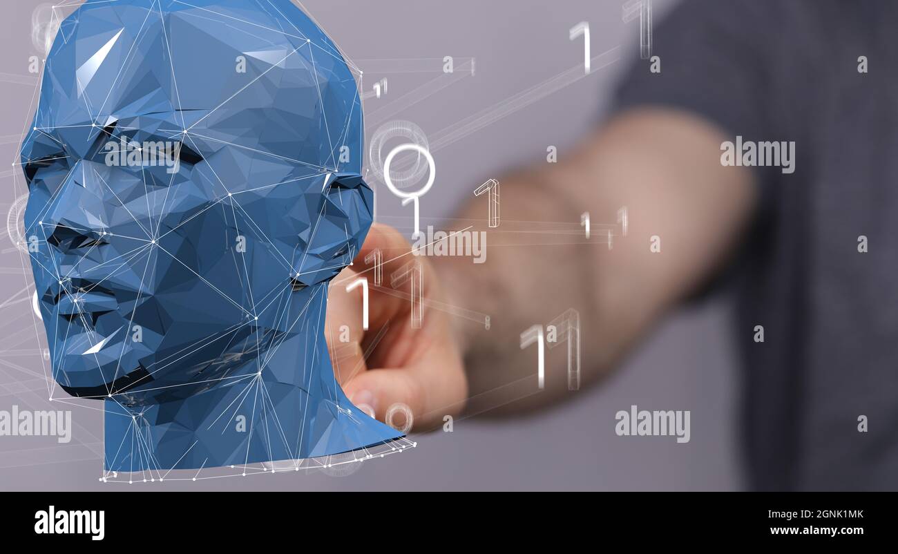 A close up shot of a man's hand touching a human head with network ...