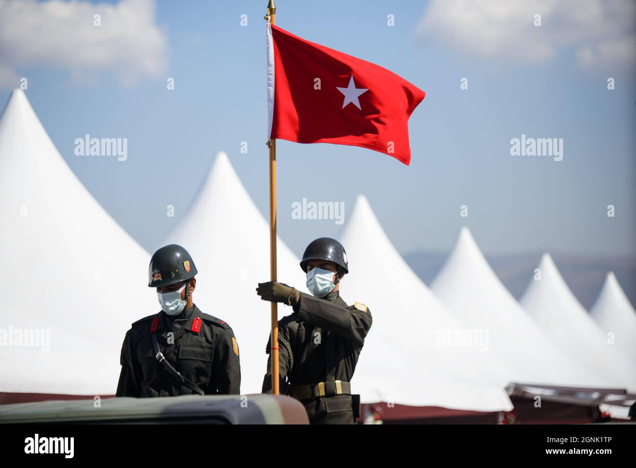 Izmir, Turkey - August 30, 2021: Turkish soldier with a streamer which ...