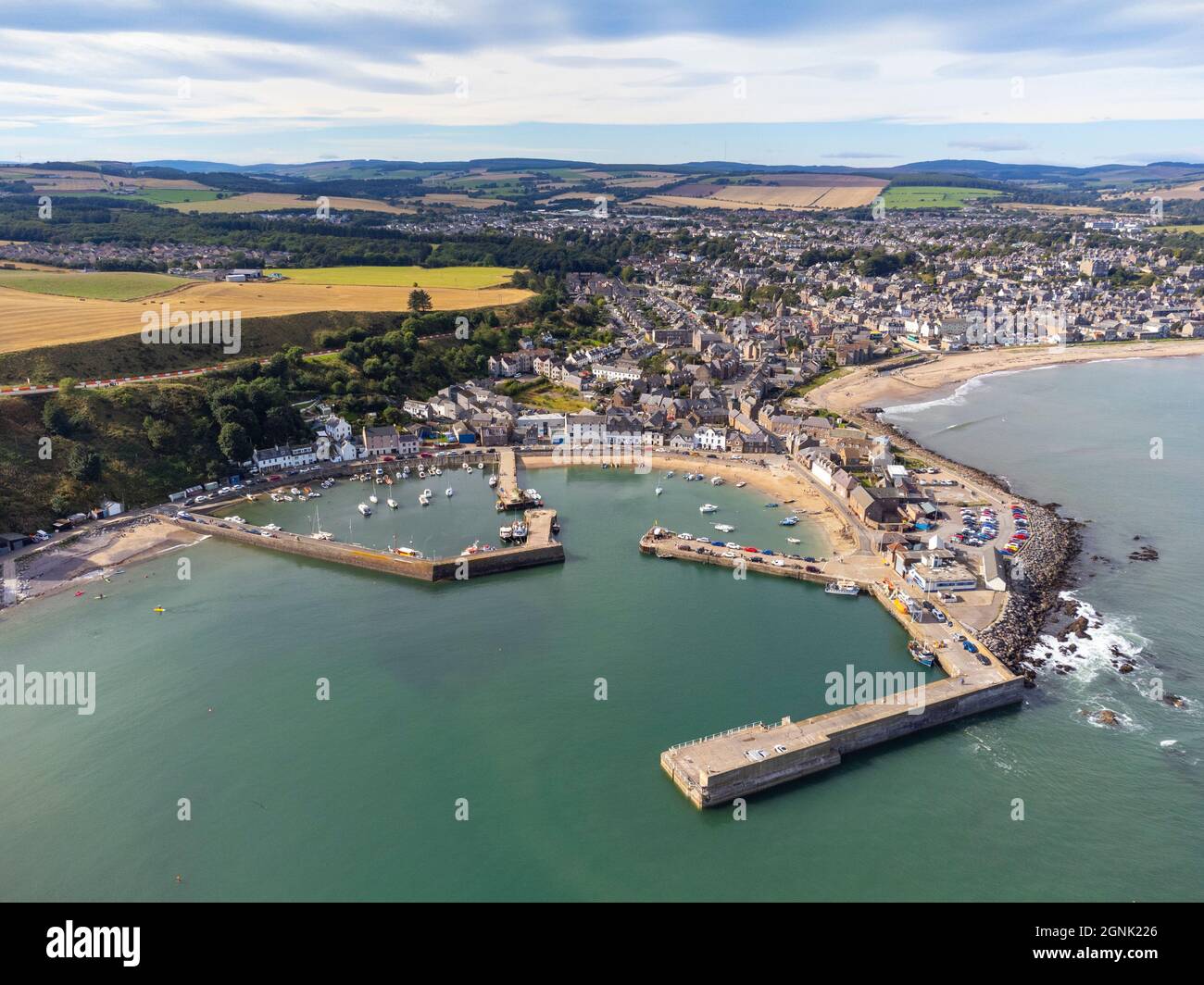 Aerial view from drone of seafront beach and harbour at Stonehaven in ...