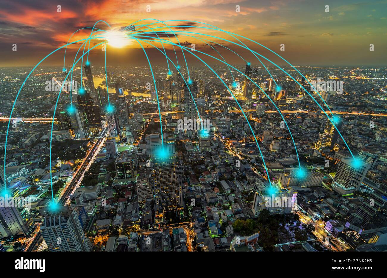 Computer Network connection line between building over Scene Bangkok ...