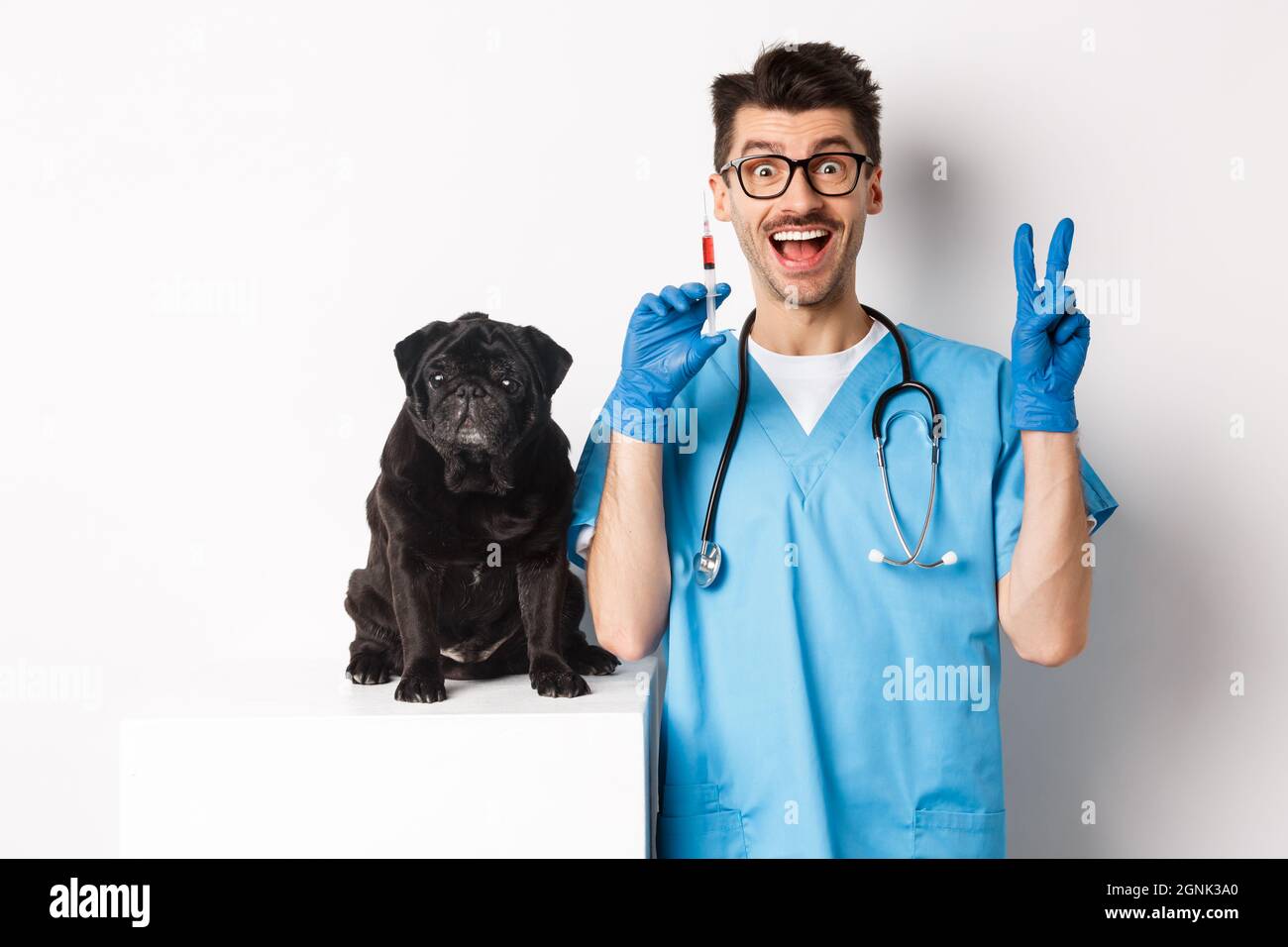Handsome doctor veterinarian holding syringe and standing near cute ...