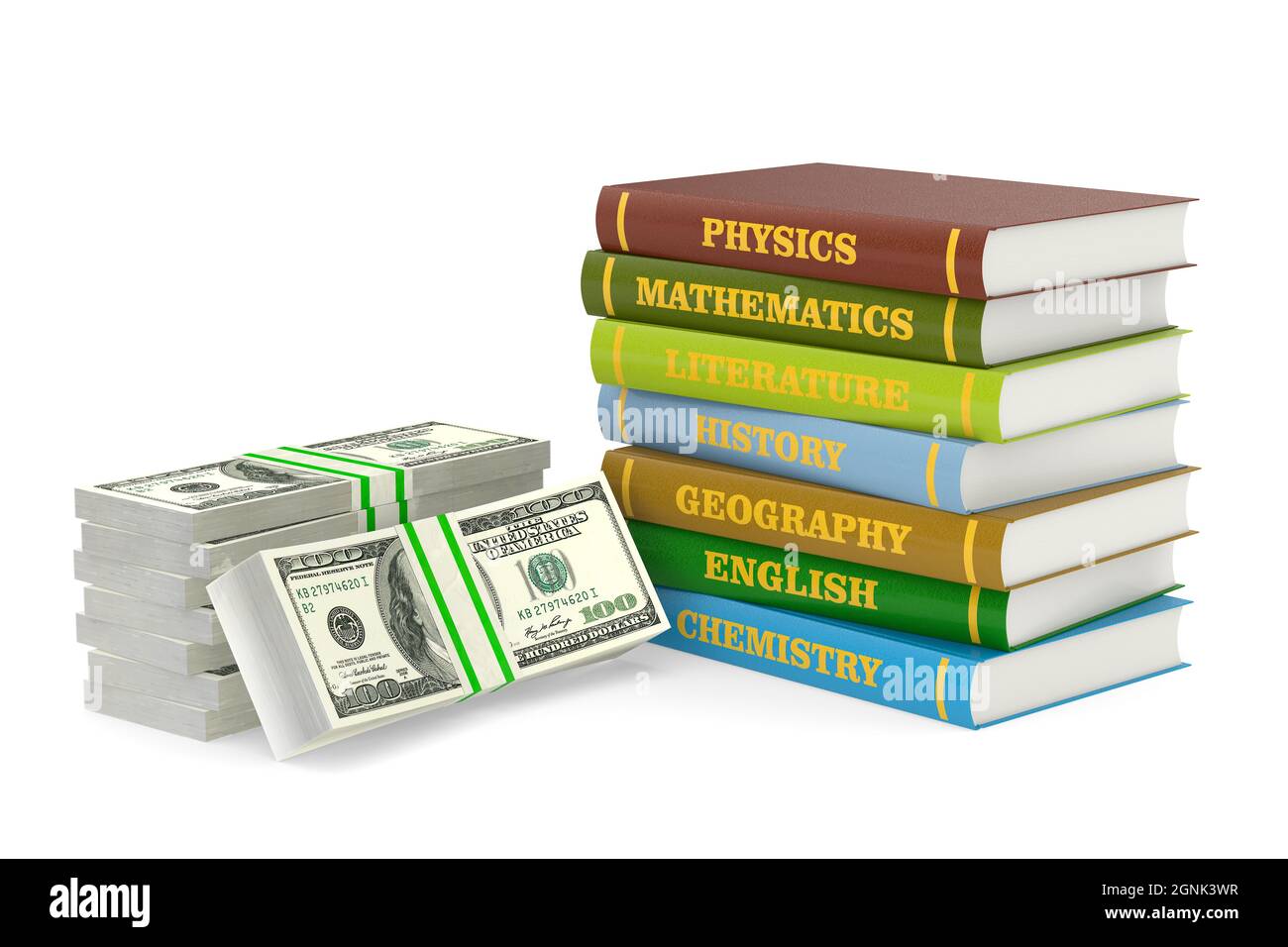 Pile school books and money on white background. Isolated 3d ...