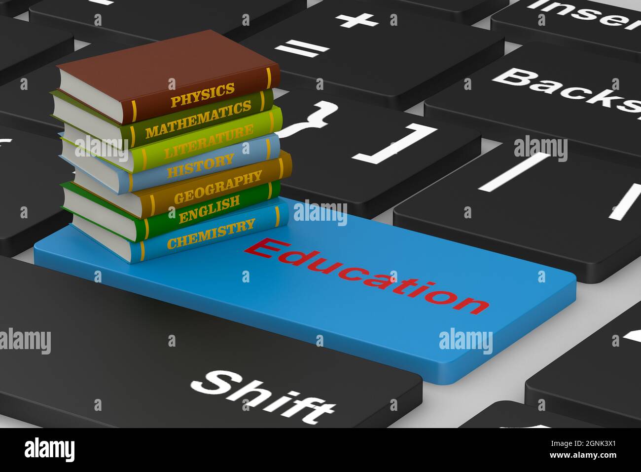 Pile school books on keyboard. 3D illustration Stock Photo - Alamy