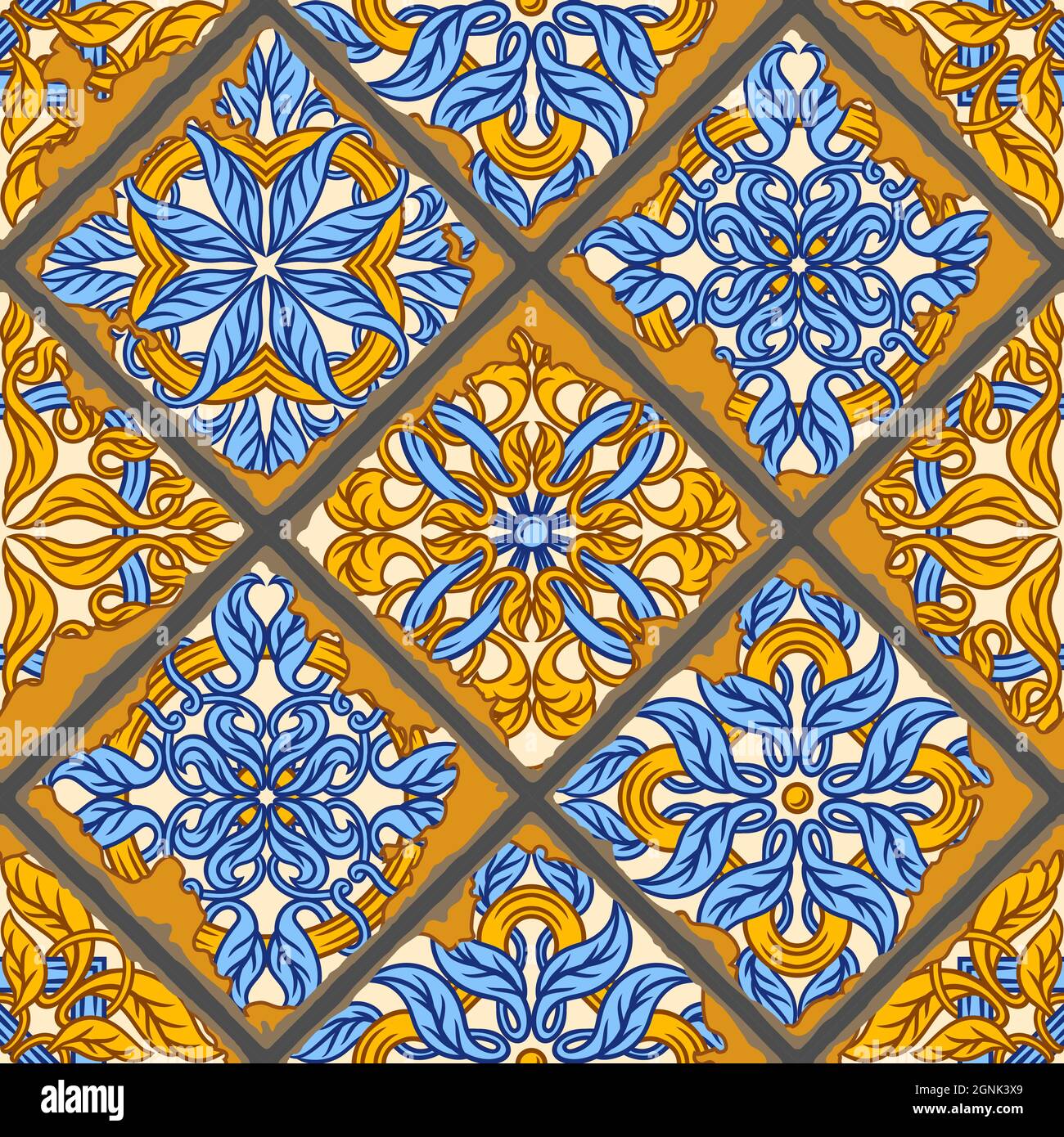 Portuguese azulejo vintage ceramic tile seamless pattern. Old grunge ...