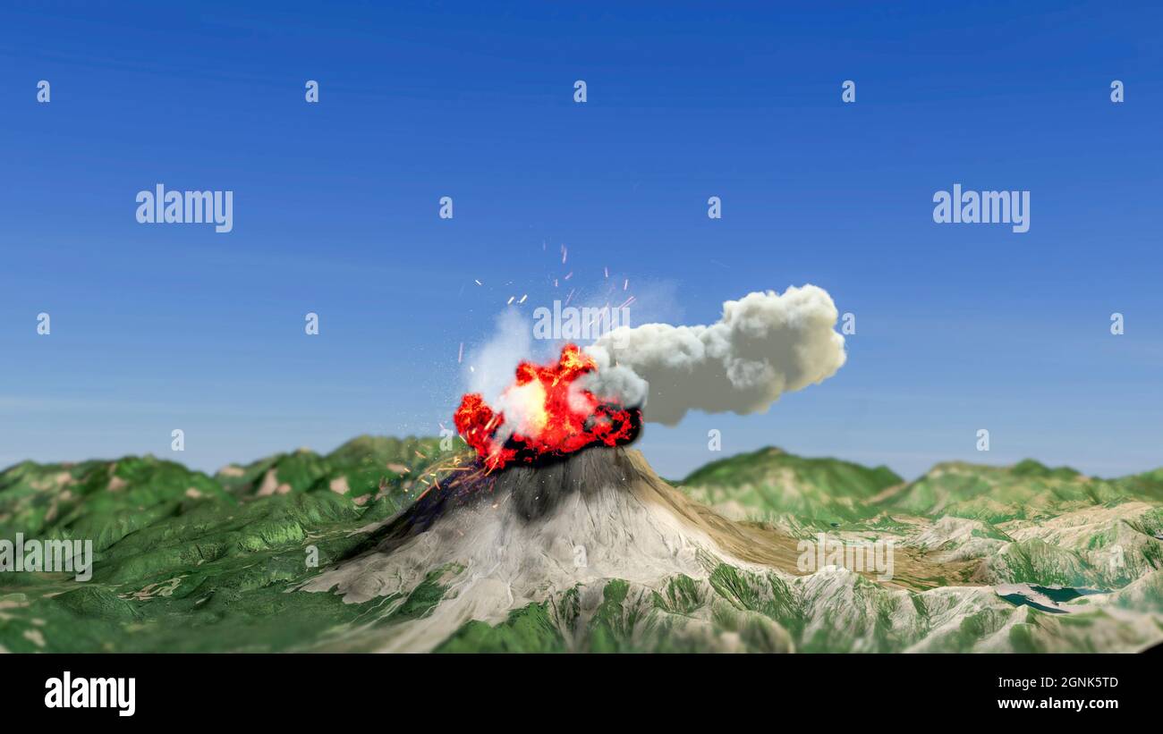 Aerial view of a volcano during an eruption, lava and explosion. Smoke ...