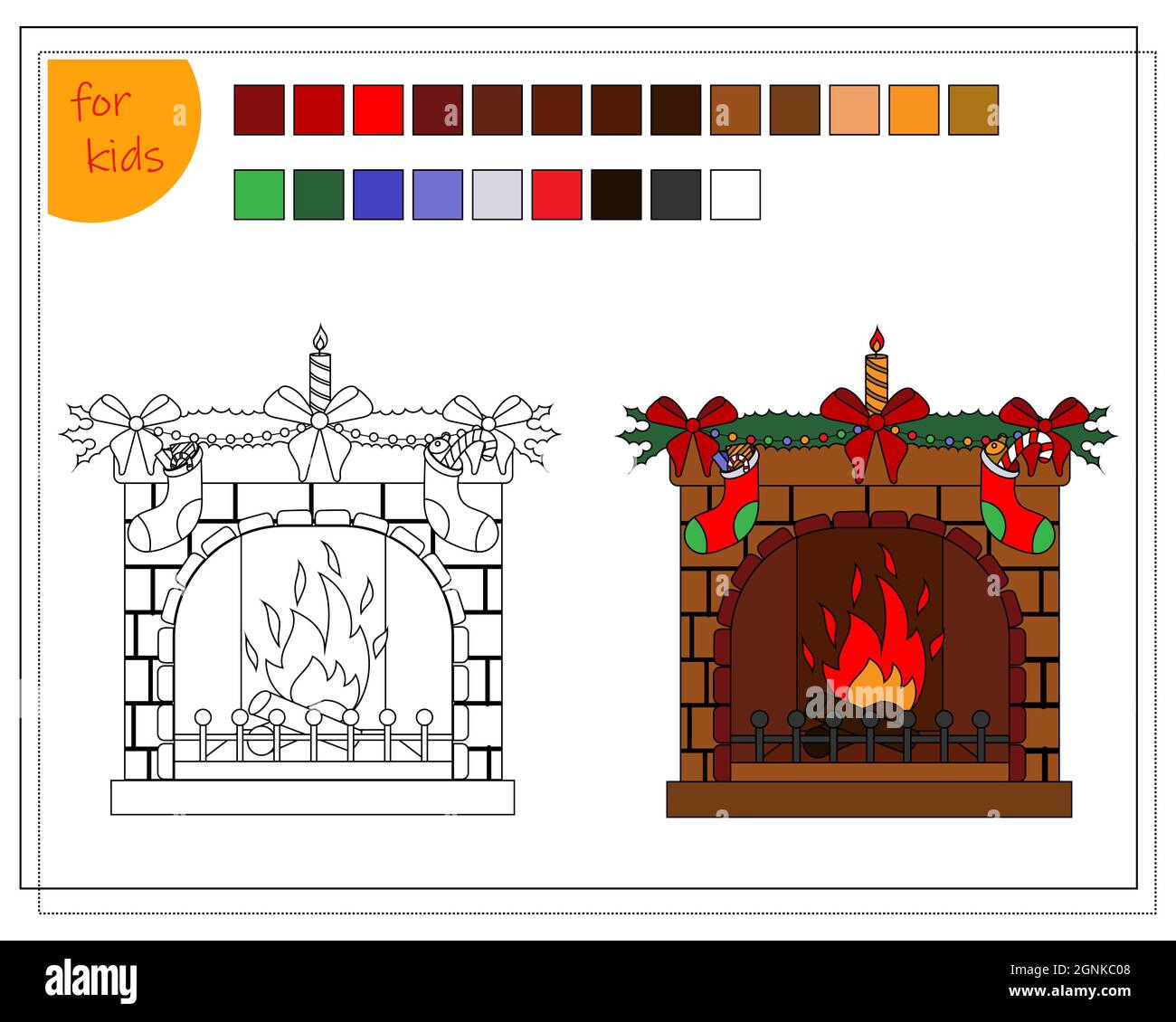 coloring book for children, fireplace decorated for Christmas. vector ...