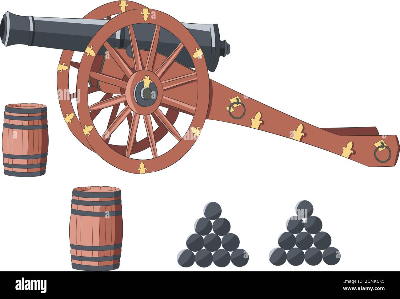 Vector illustration of an old cannon on a wooden gun carriage with ...
