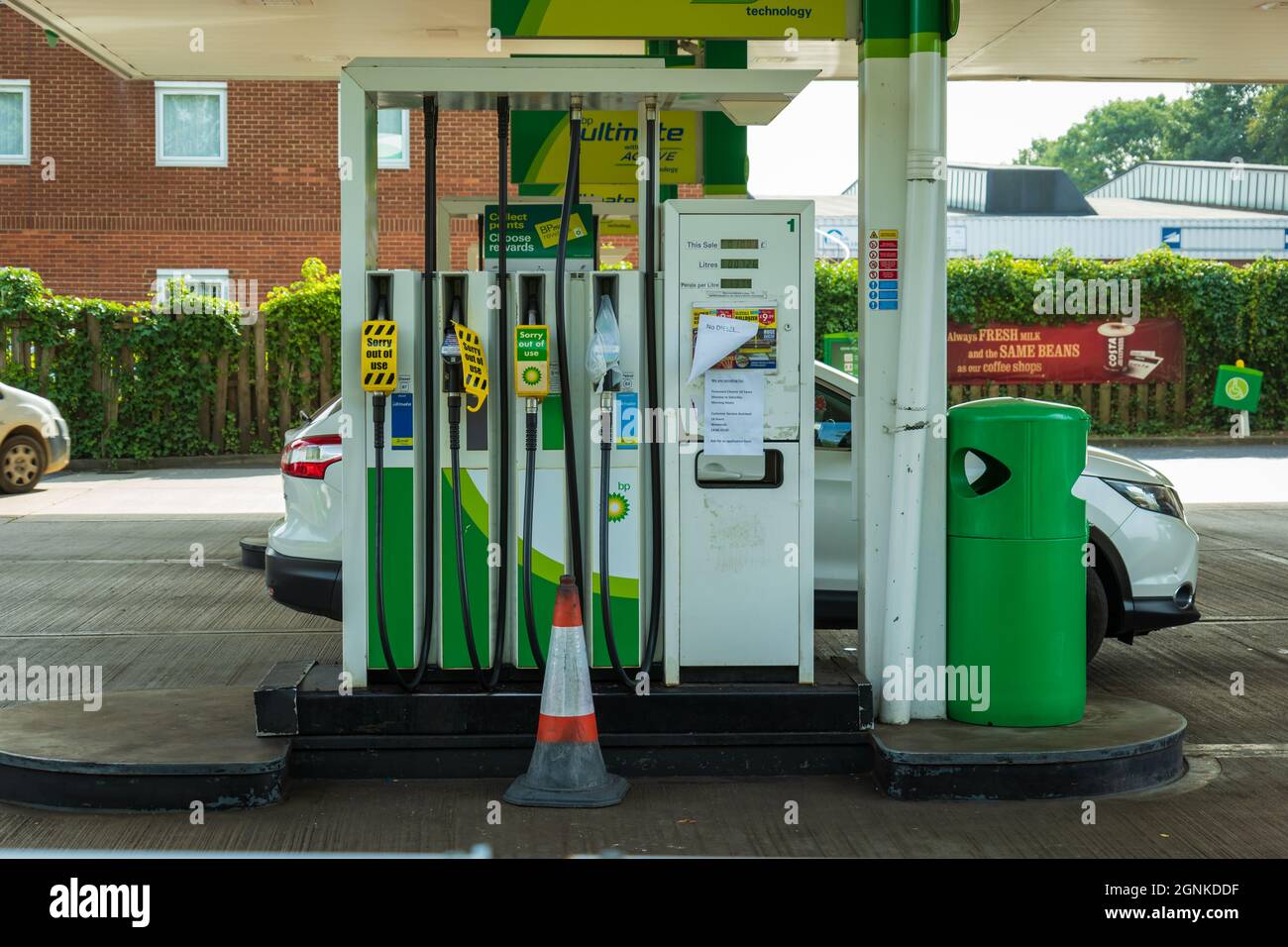 Northampton UK - Sep 26 2021: out of use signs on fuel pumps at BP ...