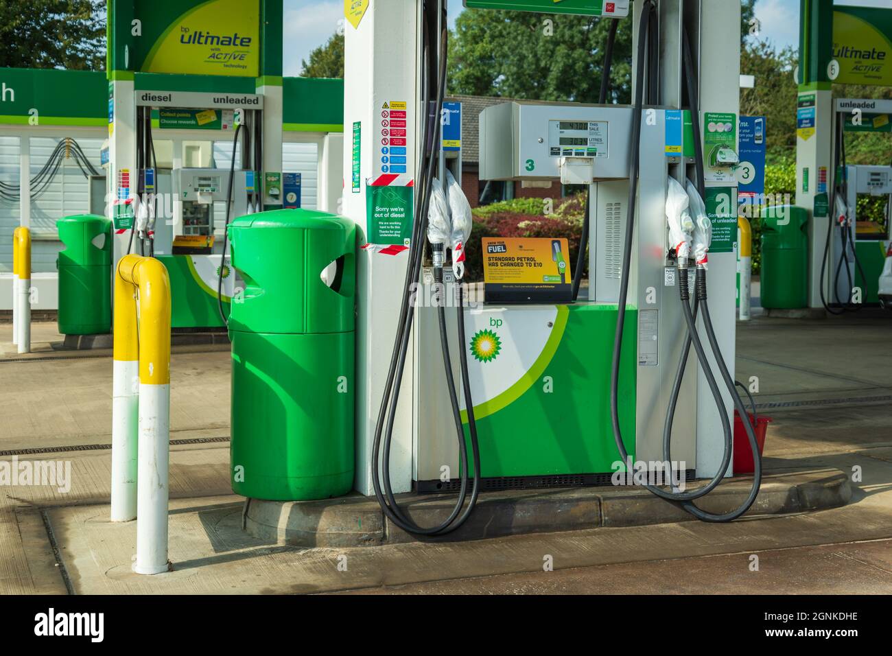 Northampton UK - Sep 26 2021: out of use signs on fuel pumps at BP ...