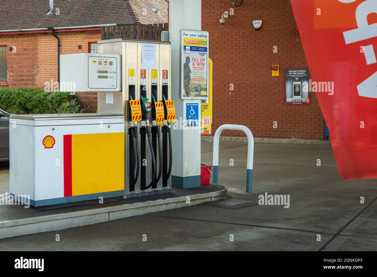 Northampton UK - Sep 26 2021: out of use signs on fuel pumps at Shell ...