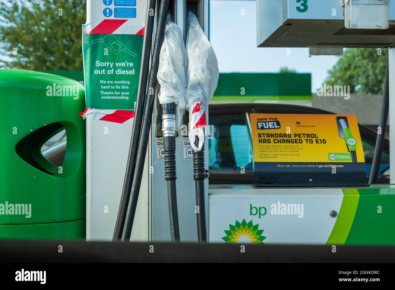 Northampton UK - Sep 26 2021: out of use signs on fuel pumps at BP ...