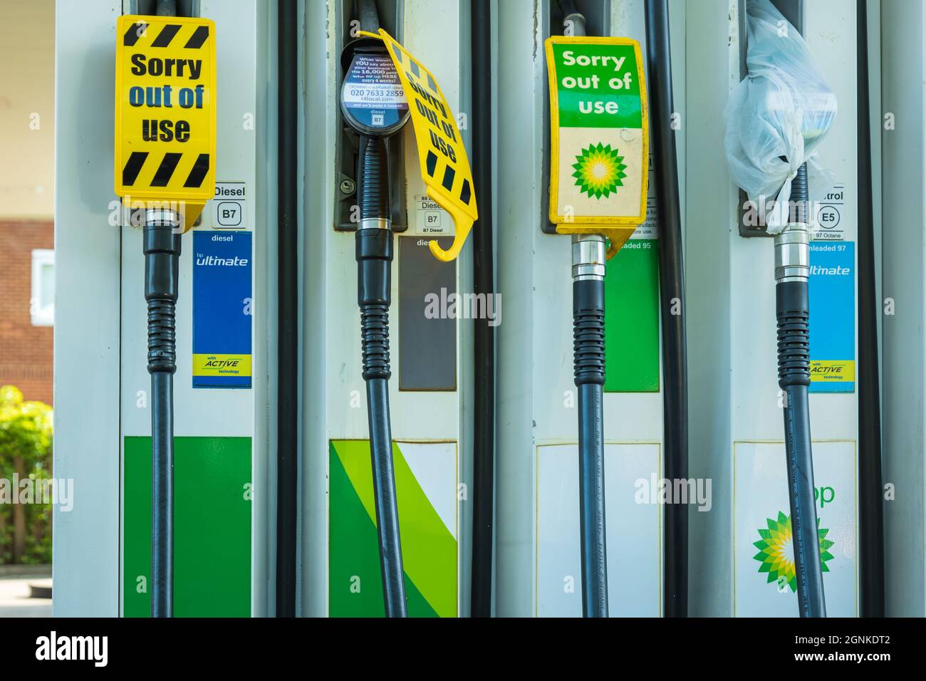 Northampton UK - Sep 26 2021: out of use signs on fuel pumps at BP ...