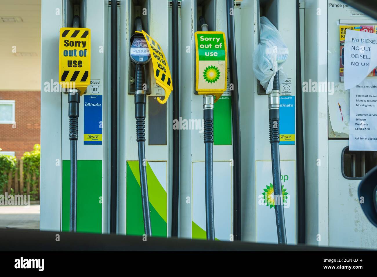 Northampton UK - Sep 26 2021: out of use signs on fuel pumps at BP ...