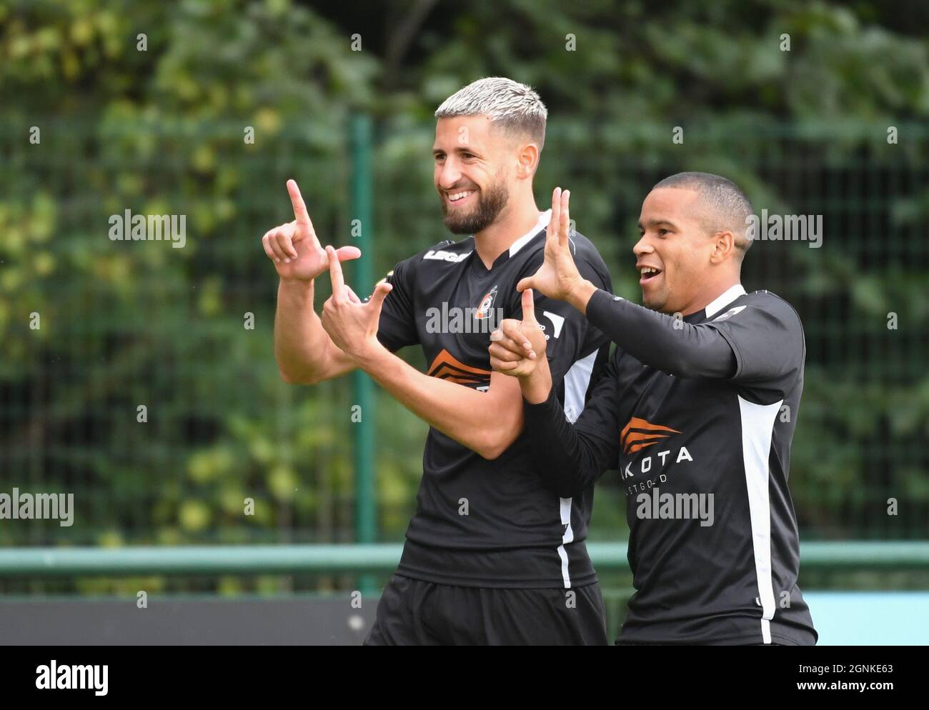 Deinze's Dylan De Belder celebrates after scoring during a soccer match ...