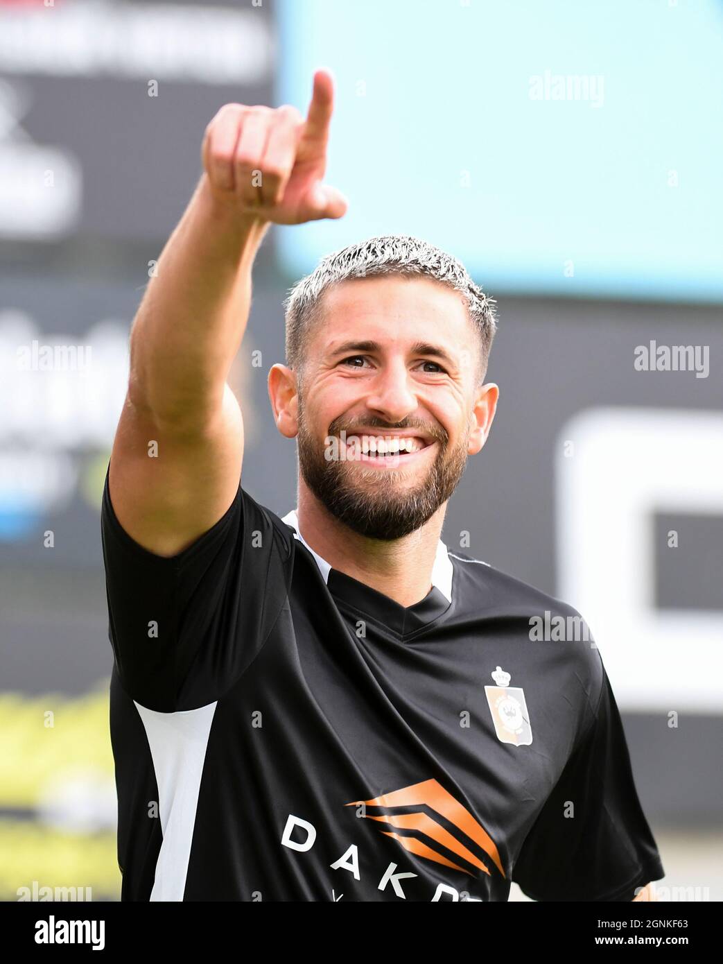 Deinze's Dylan De Belder celebrates after scoring during a soccer match ...