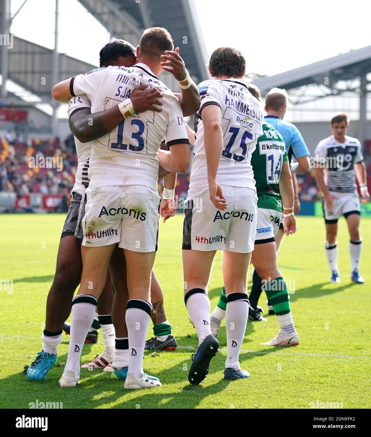 Sale Sharks' Sam James (front left) celebrates scoring his sides third ...