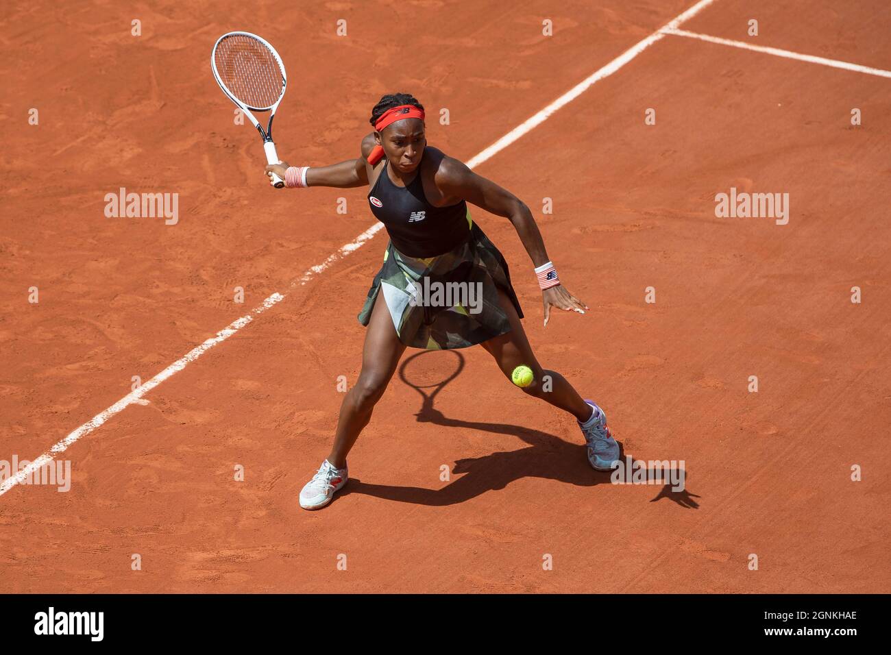 US tennis player Coco Gauff playing a forehand shot, French Open 2021 ...