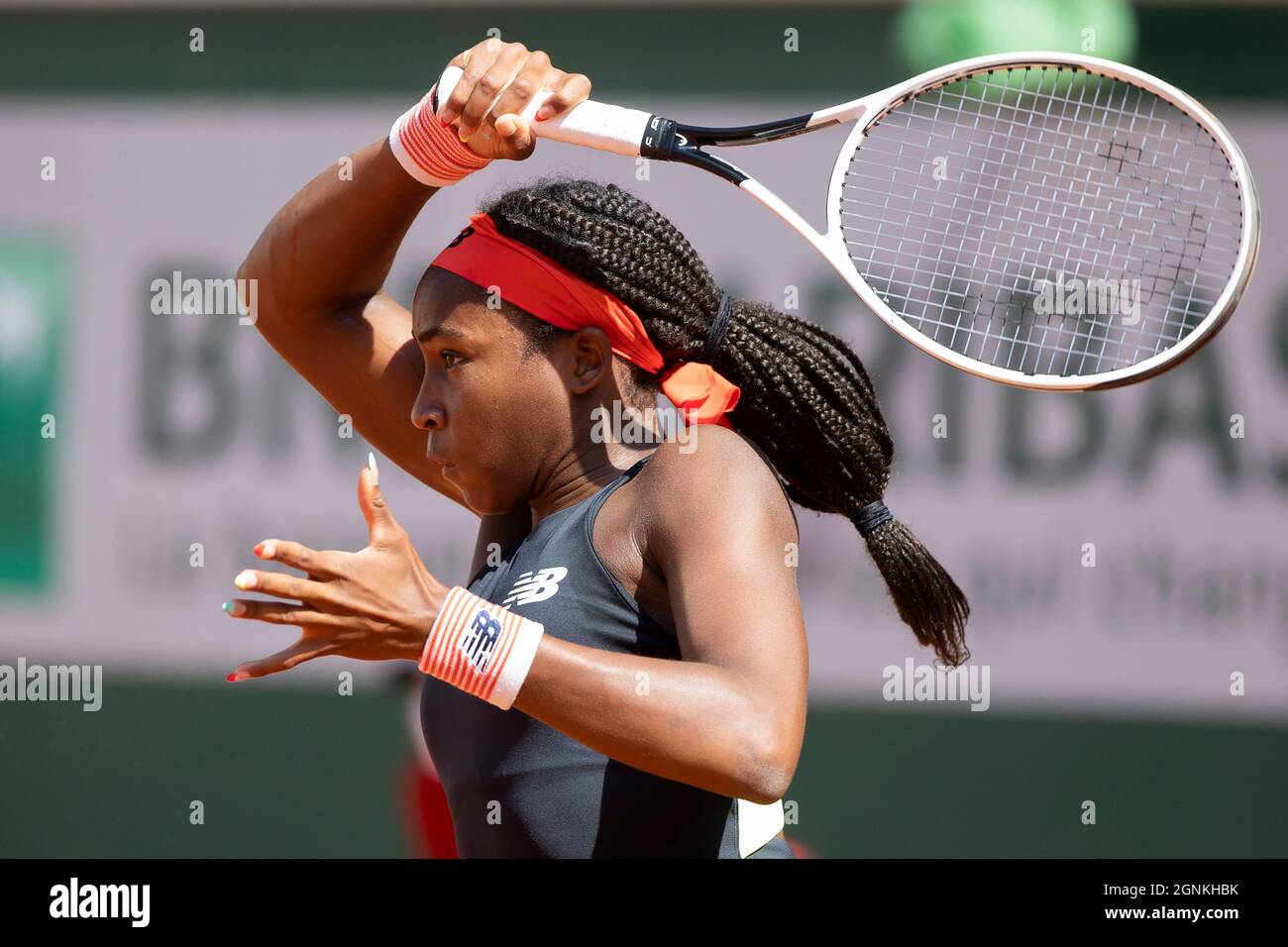 US tennis player Coco Gauff playing a forehand shot, French Open 2021 ...