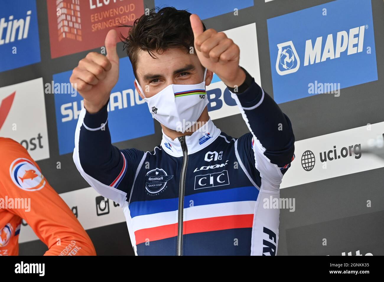 French Julian Alaphilippe celebrates on the podium after winning the ...