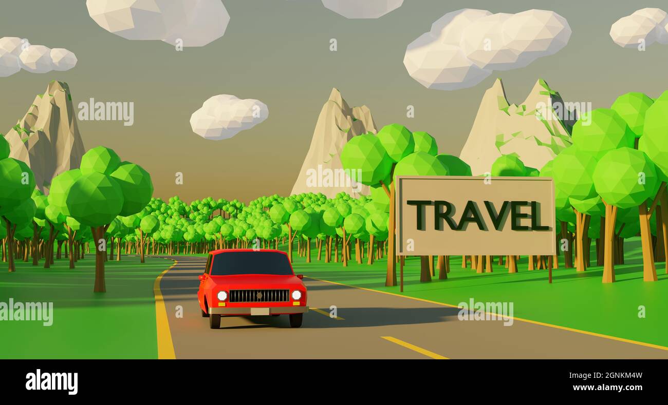 Red Car driving on a scenic road in a valley by the rocky mountains and ...