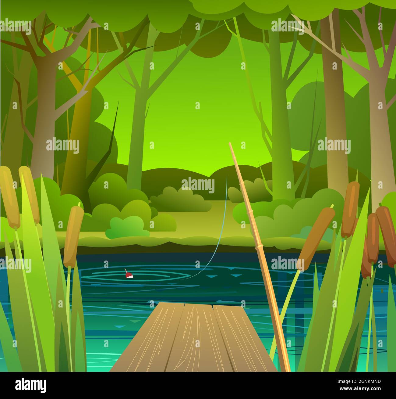 Bank of river,lake in summer forest. Beautiful natural wild landscape ...