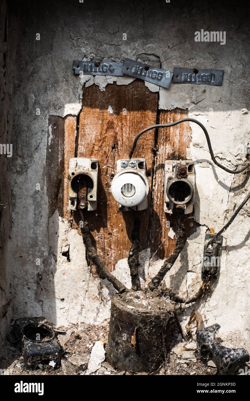 Old electrical cabinet with safety fuses, switches and wires Stock ...