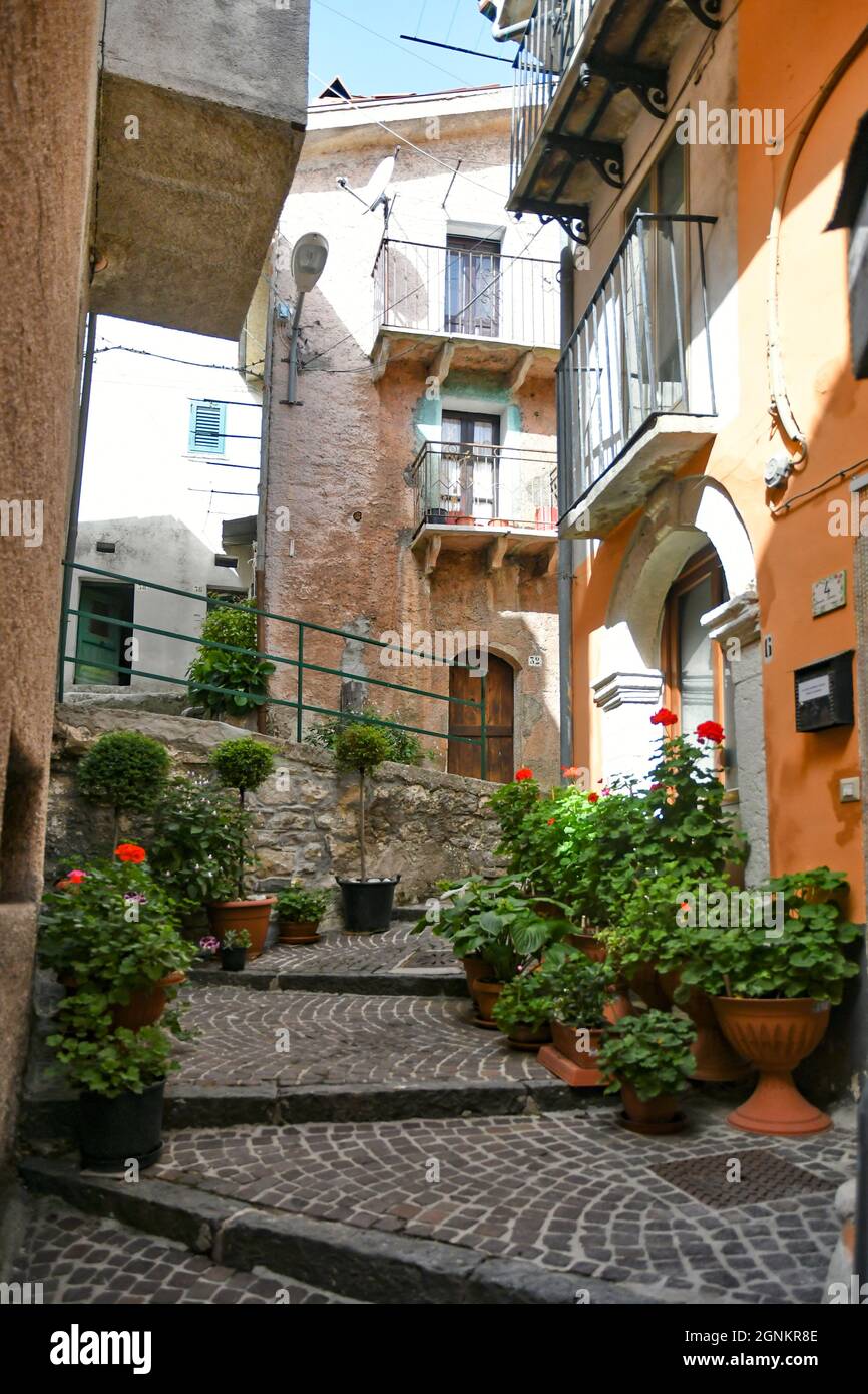 A narrow street in Longano, a medieval town of Molise region, Italy ...