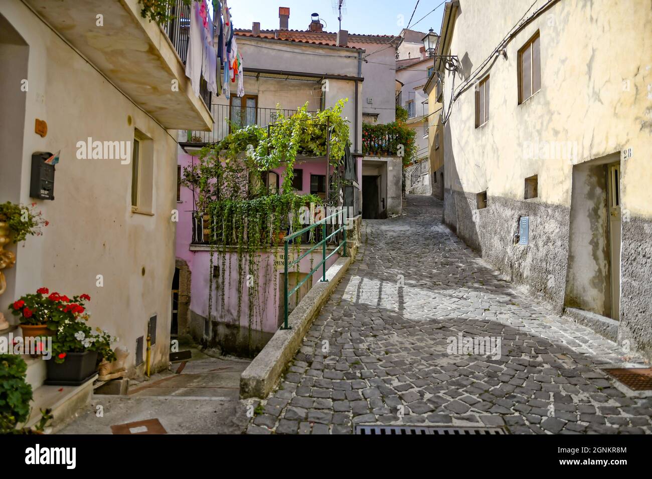 A narrow street in Longano, a medieval town of Molise region, Italy ...