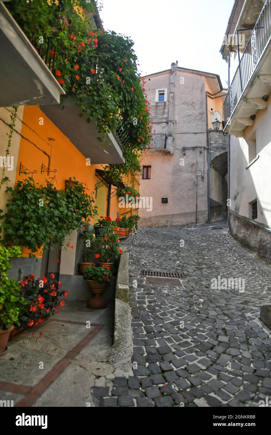 A narrow street in Longano, a medieval town of Molise region, Italy ...