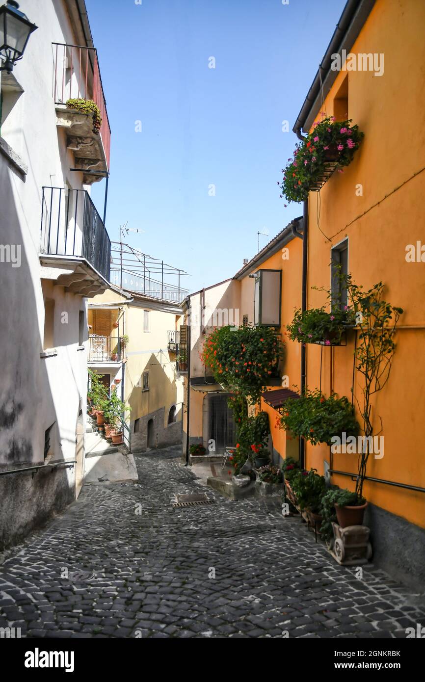 A narrow street in Longano, a medieval town of Molise region, Italy ...
