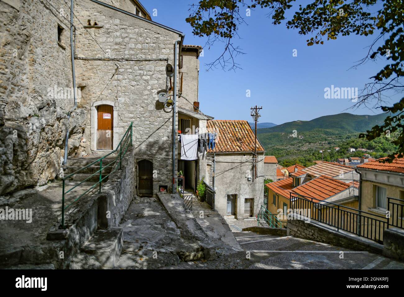 A narrow street in Longano, a medieval town of Molise region, Italy ...