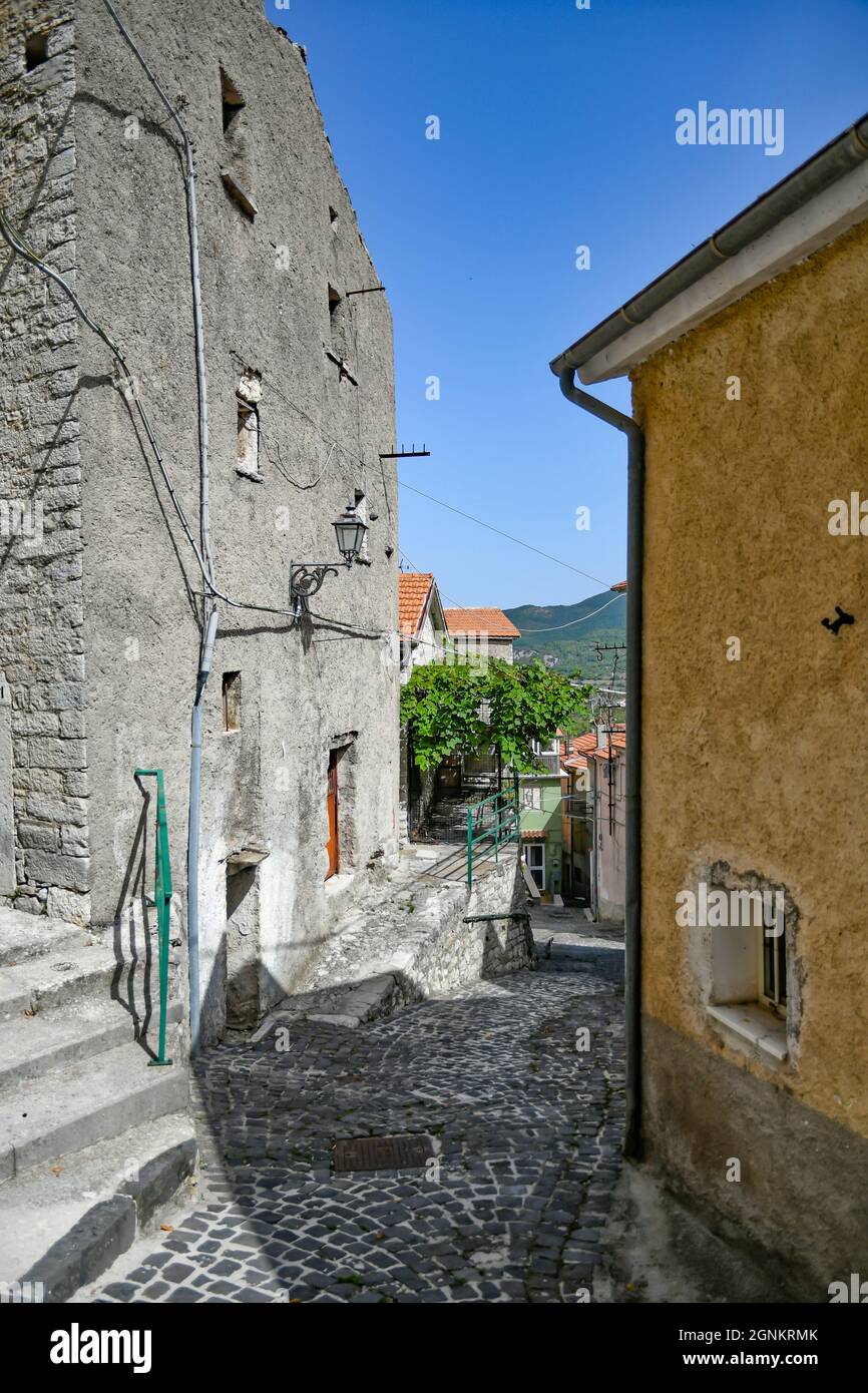 A narrow street in Longano, a medieval town of Molise region, Italy ...