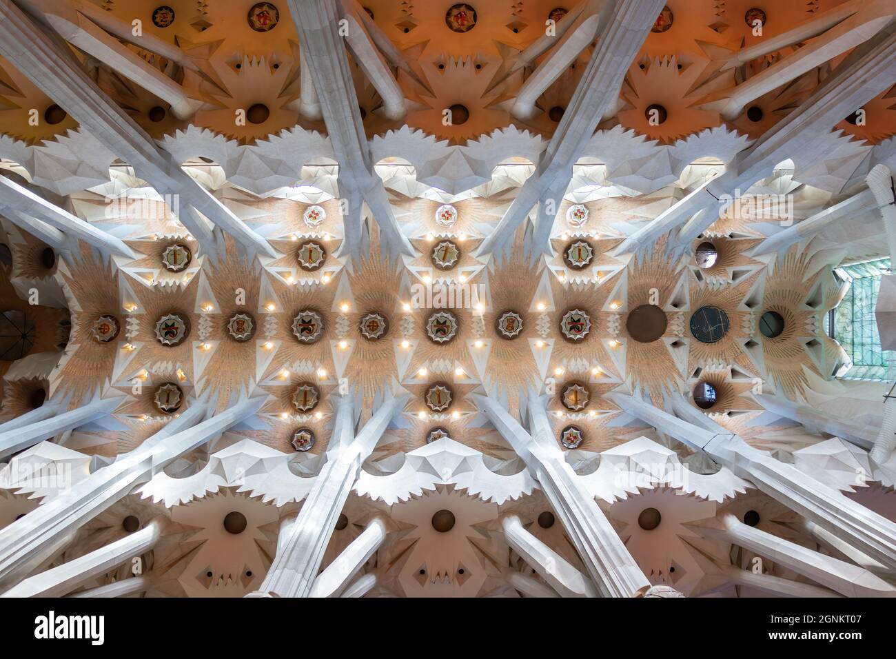 Barcelona, Spain - September 19, 2021: Detail of ceiling of "La Sagrada ...
