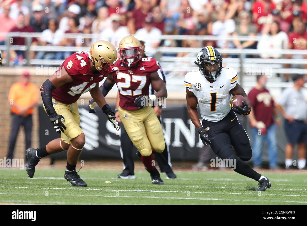 Alumni Stadium. 25th Sep, 2021. MA, USA; Missouri Tigers running back ...