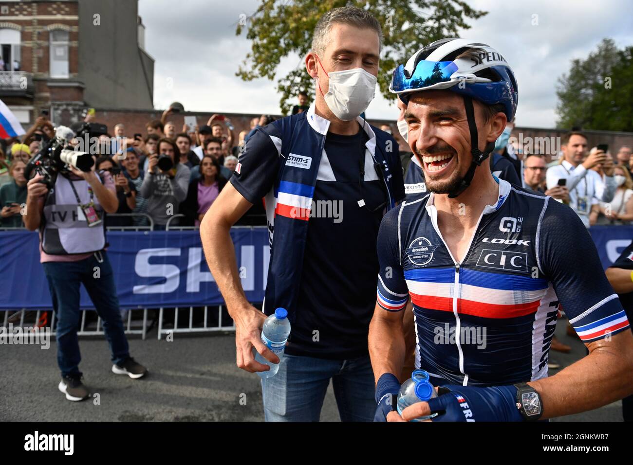 French Julian Alaphilippe celebrates after winning the elite men road ...