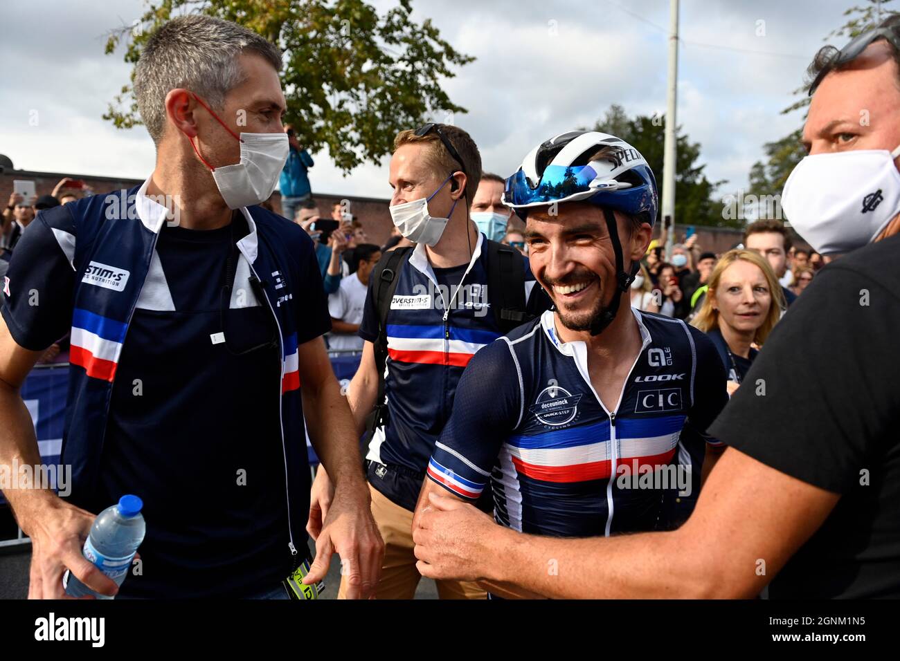 French Julian Alaphilippe celebrates after winning the elite men road ...