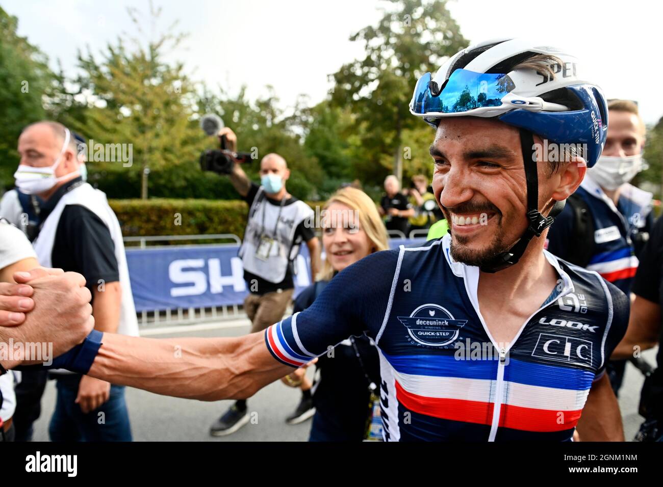 French Julian Alaphilippe celebrates after winning the elite men road ...