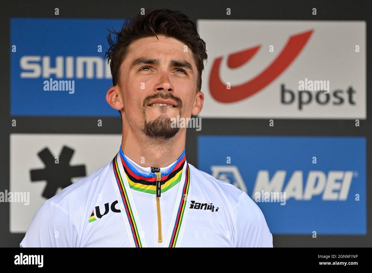 French Julian Alaphilippe celebrates on the podium after winning the ...