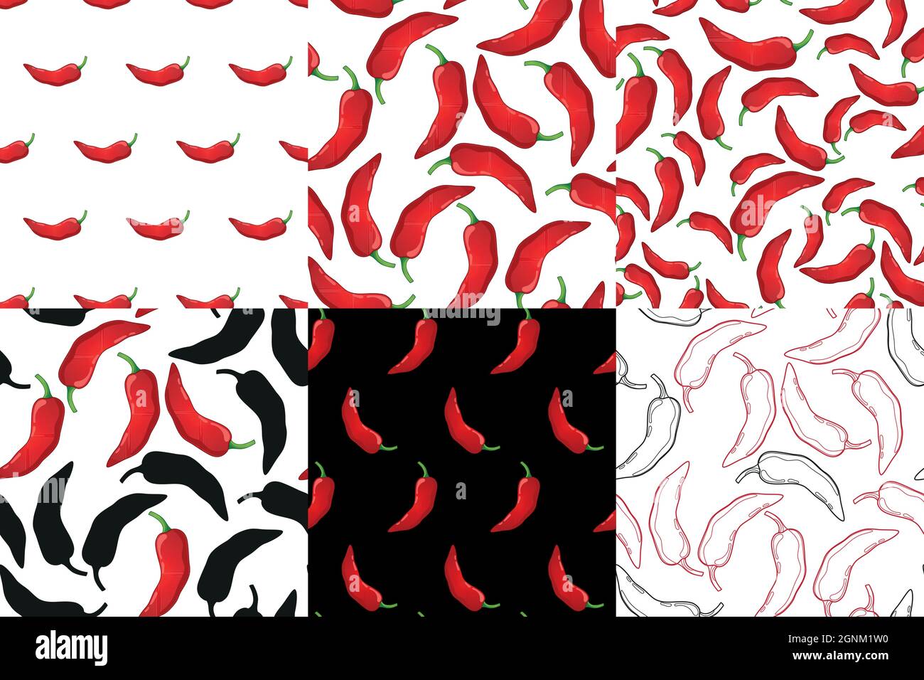 Red Pepper vector seamless pattern set. Mexican chili spicy vegetable ...