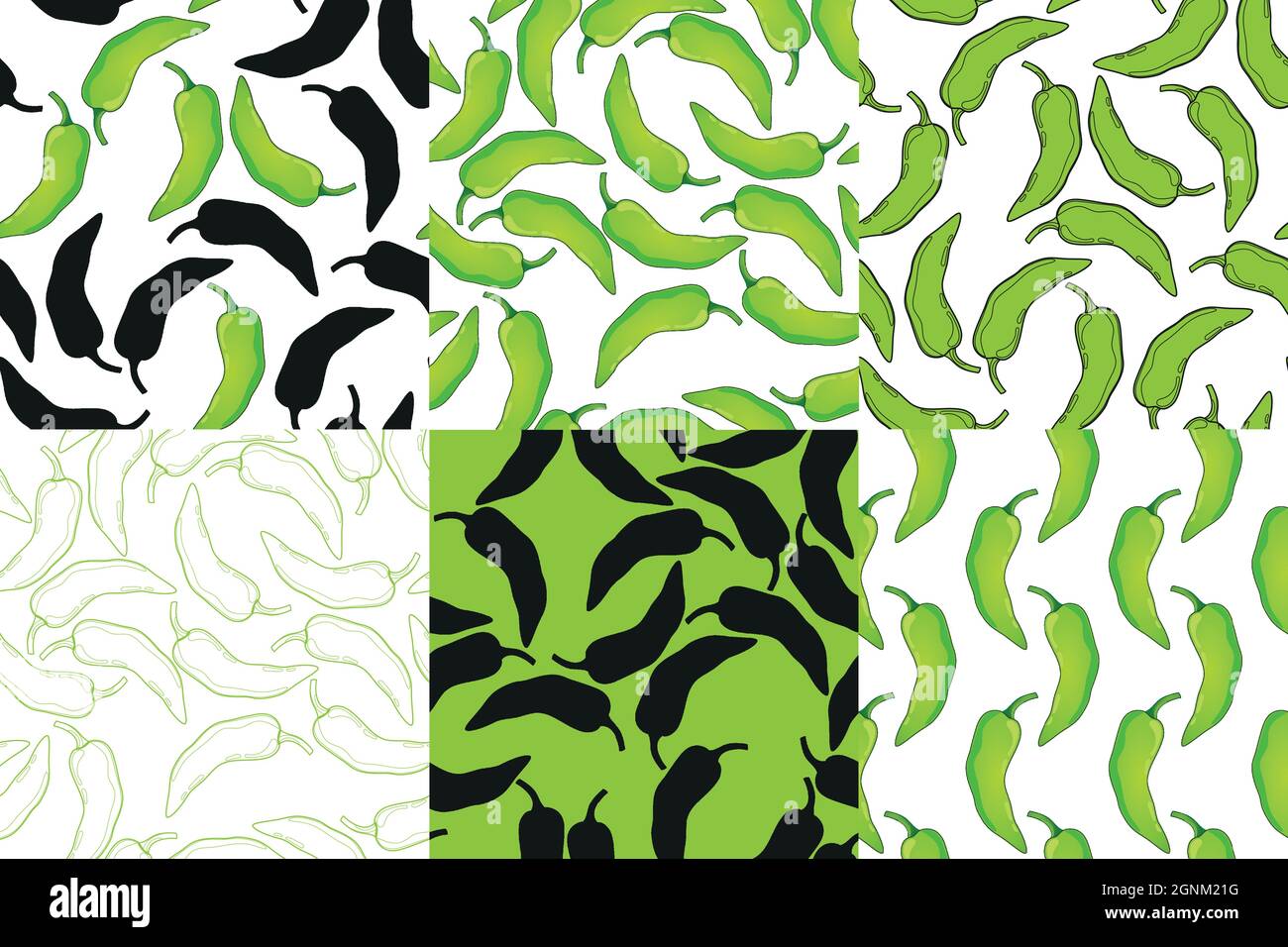Green Pepper vector seamless pattern set. Mexican chili spicy vegetable ...