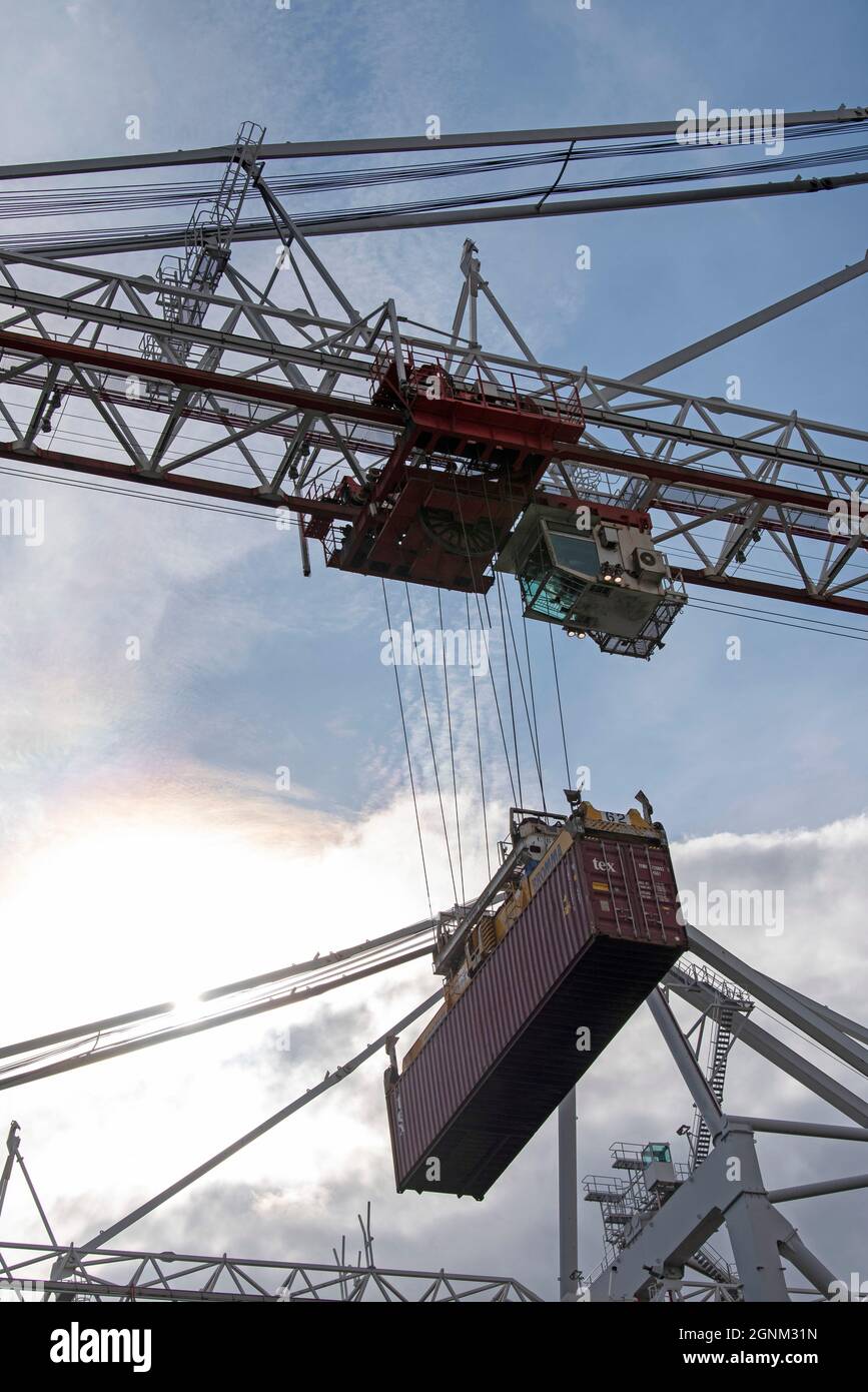 Southampton, England, UK. 2021. Ship to shore container crane removing ...