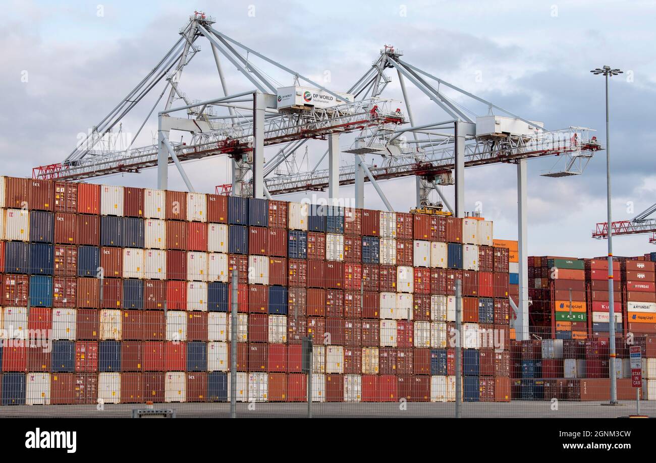 Southampton, England, UK. 2021. Shipping containers stacked high in a ...