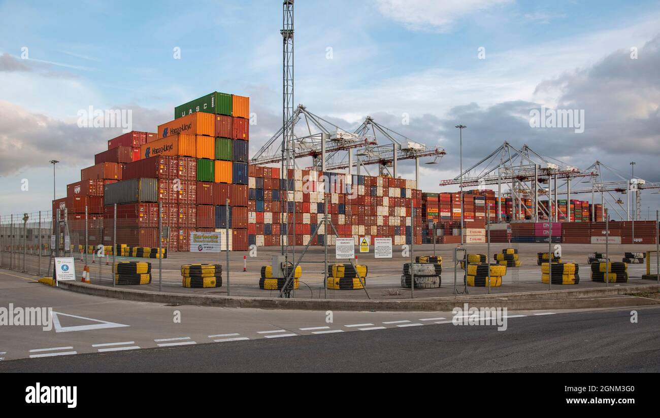 Southampton, England, UK. 2021. Shipping containers stacked high in a ...