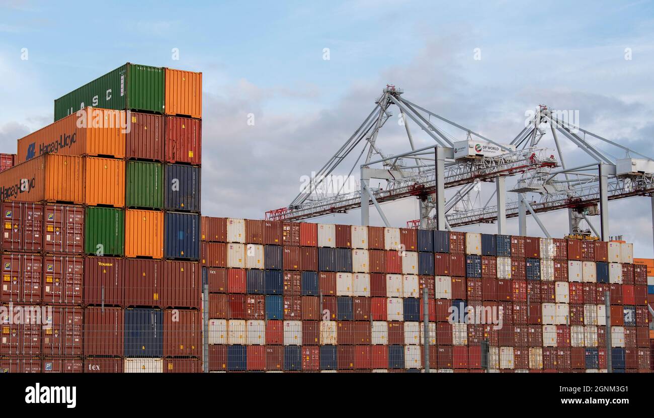 Southampton, England, UK. 2021. Shipping containers stacked high in a ...