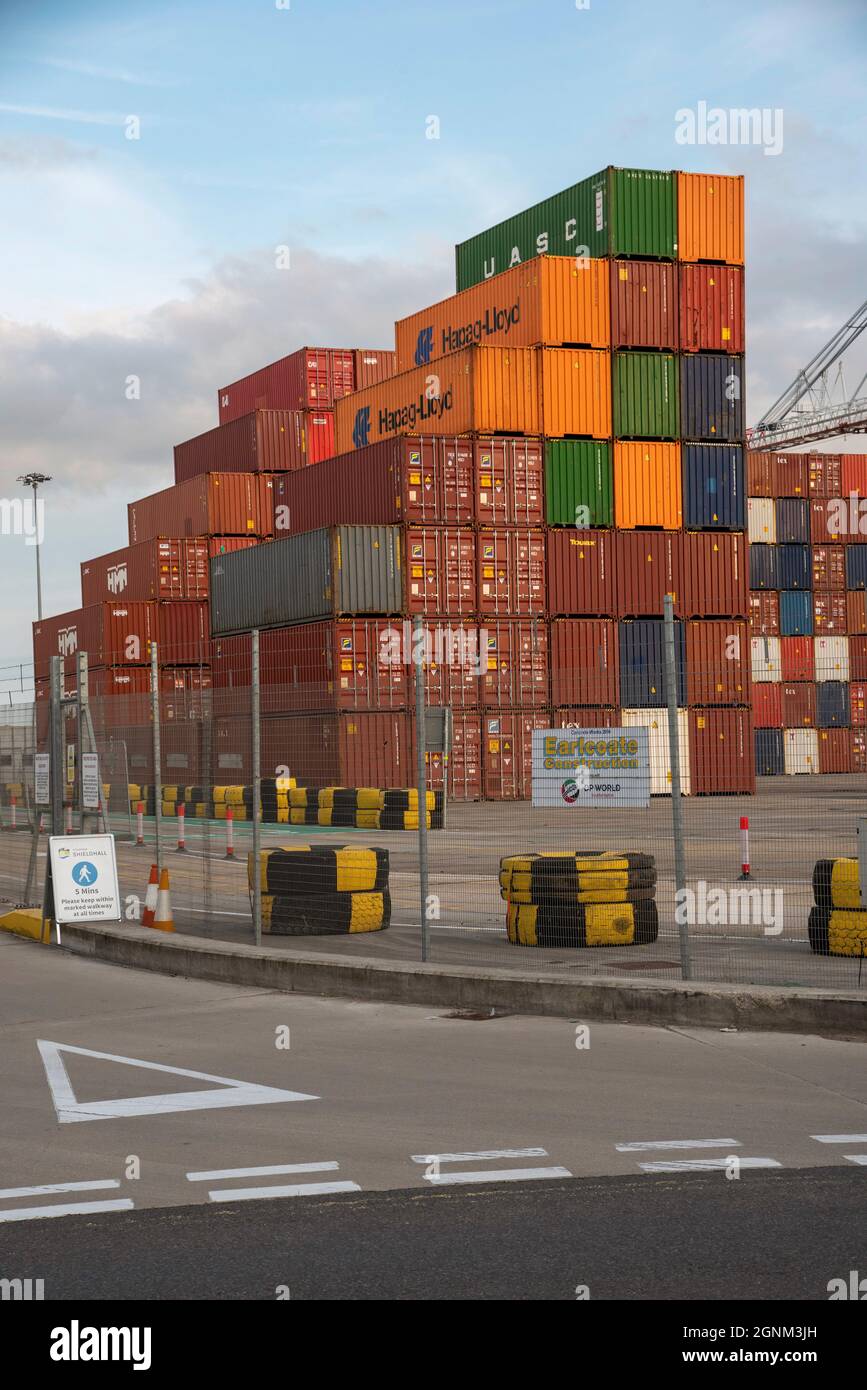 Southampton, England, UK. 2021. Shipping containers stacked high in a ...