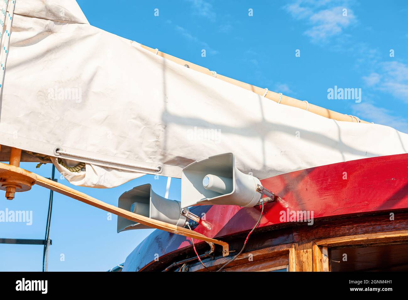 Two speaking trumpets on the ship. Horn speaker on the background of a ...