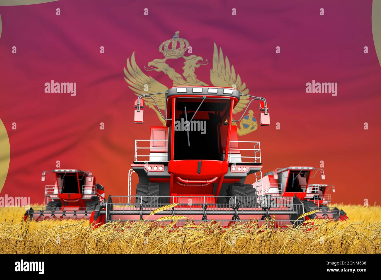 4 bright red combine harvesters on rural field with flag background ...